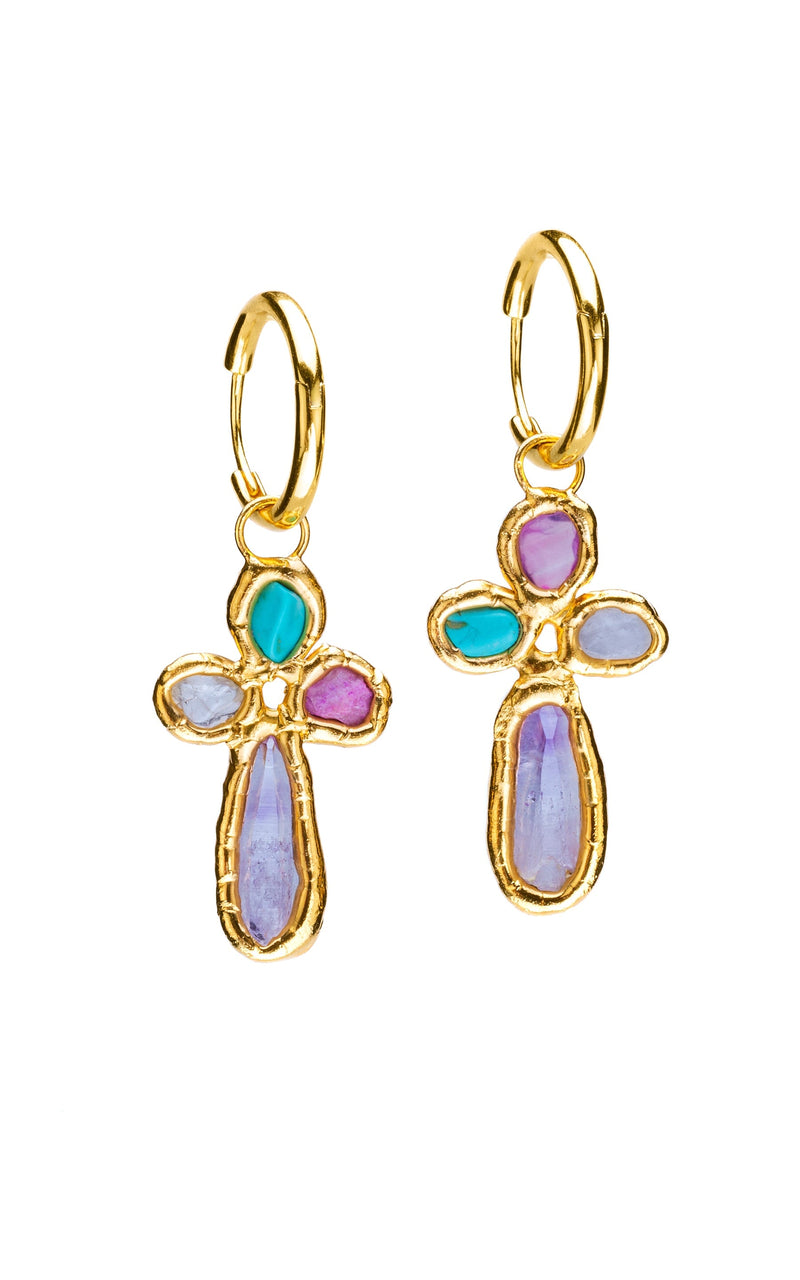 Gemstone Cross Hoops in Gold – Tea & Tequila